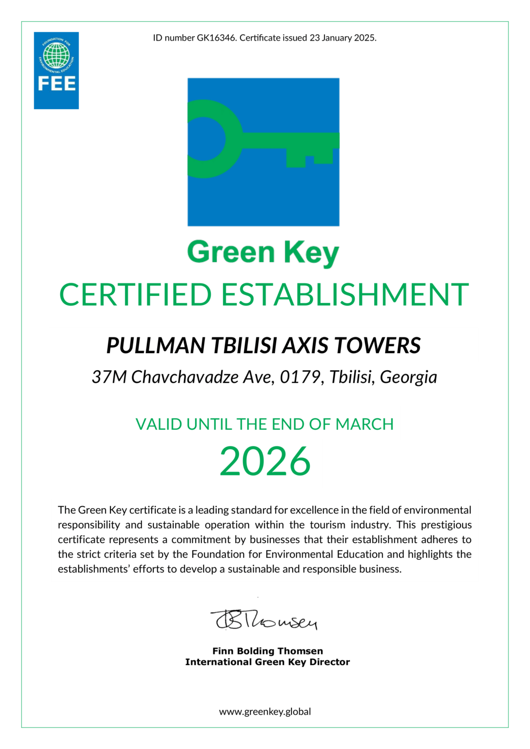 Green Key Certification - Pullman Tbilisi Hotel